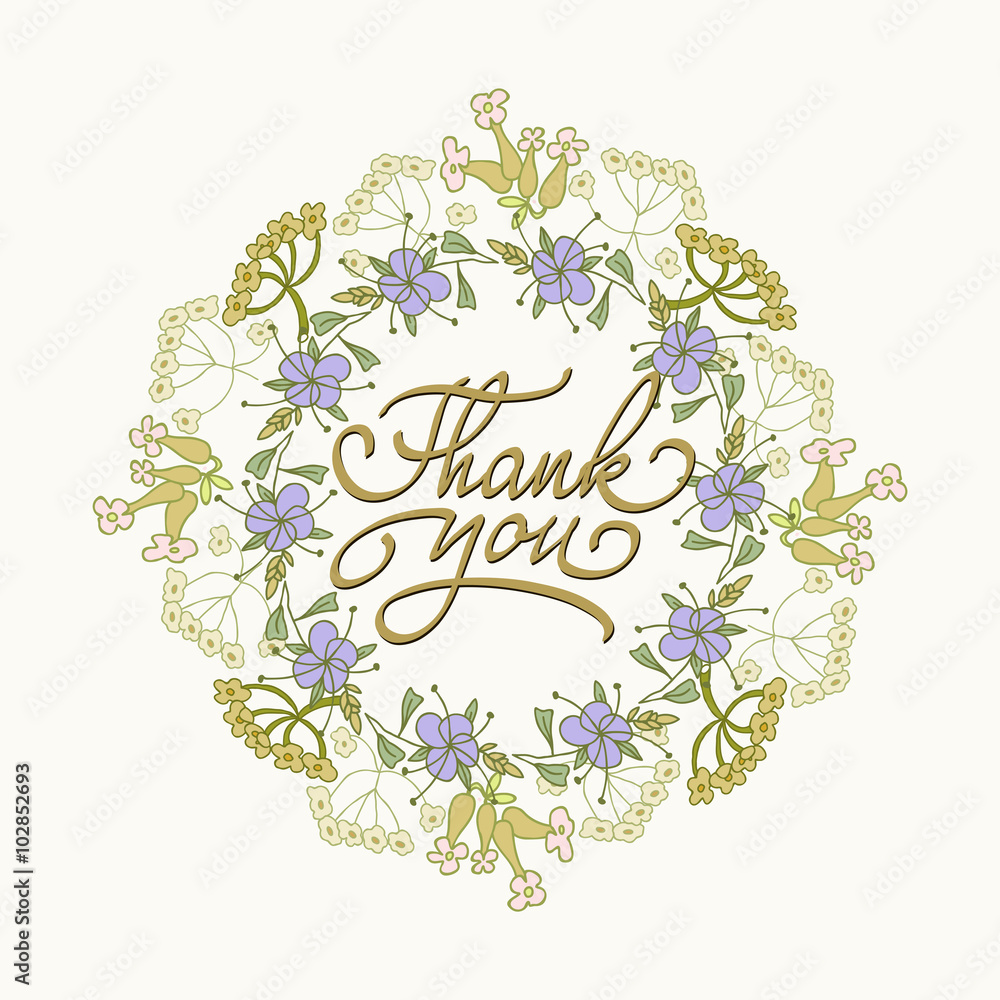 Card template with hand drawn flower border and hand written Thank You ...