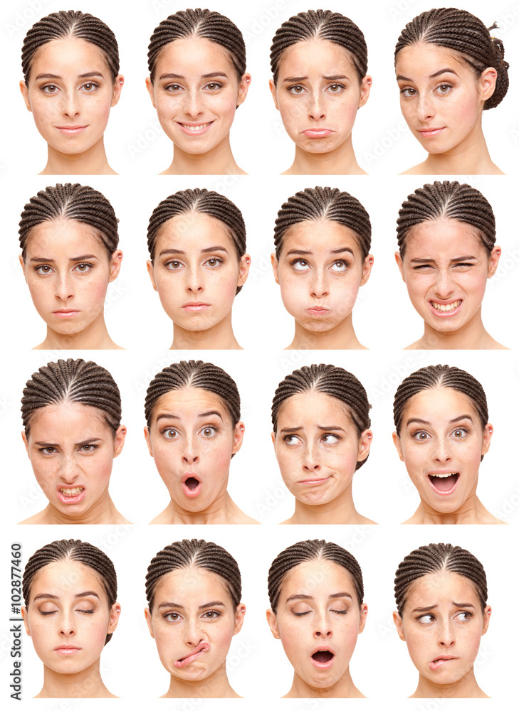 black brunette pigtails young caucasian woman collection set of face ...