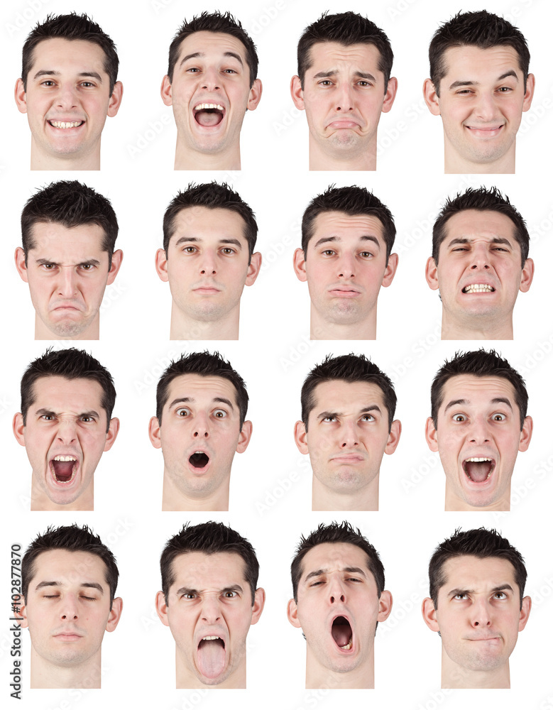 brunette short hair young caucasian man collection set of face ...