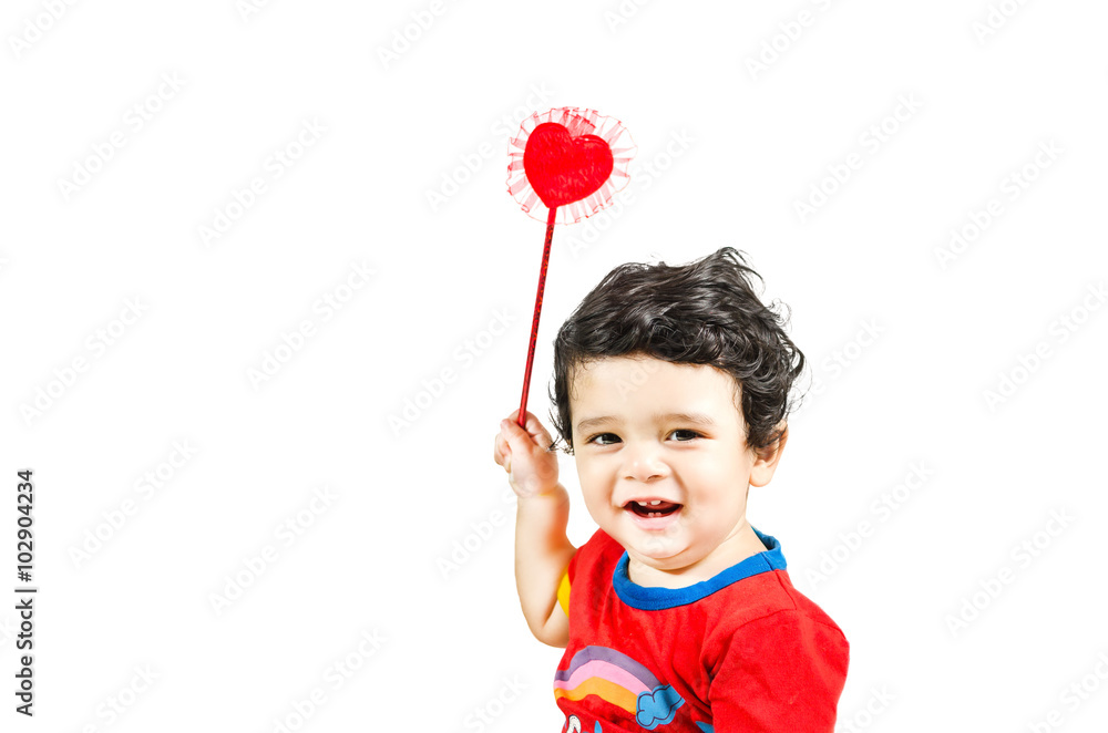 Little cute boy posing with love symbol & smiling isolated in white ...