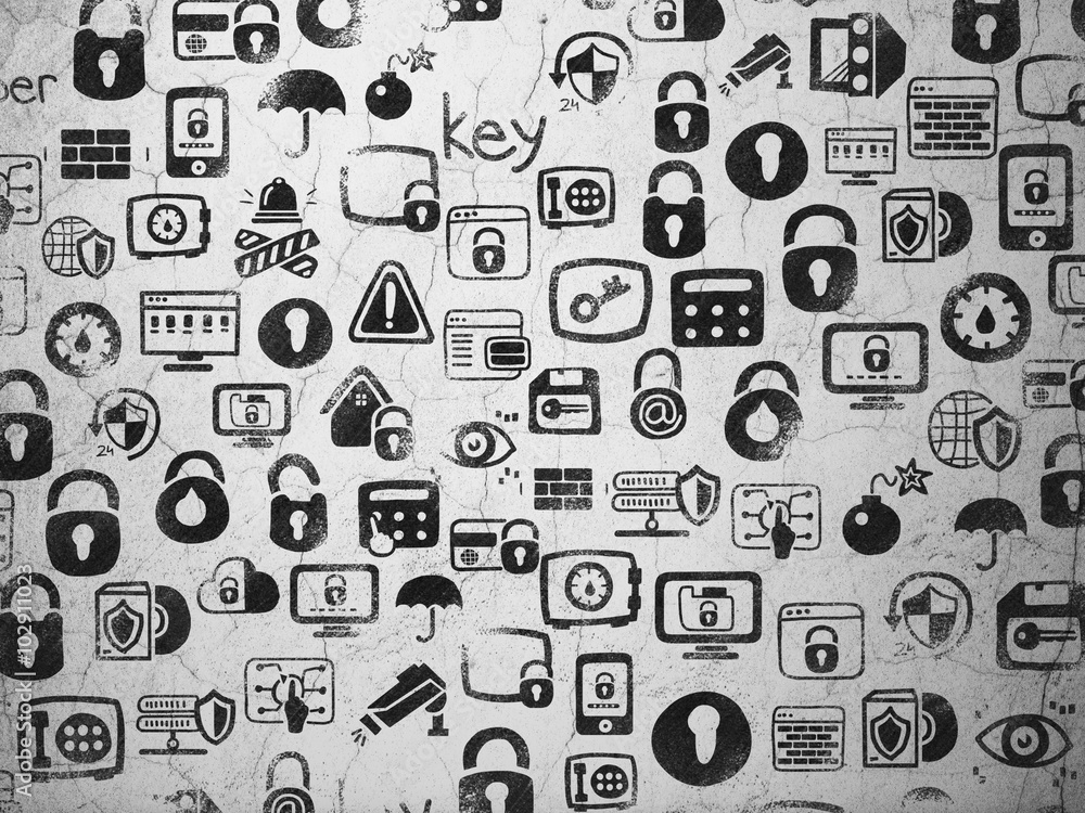 Grunge background: wall texture with Painted Hand Drawn Security Icons ...