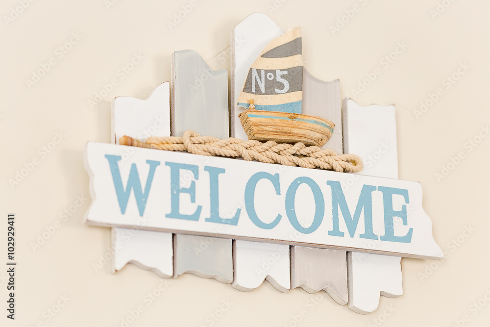 Welcome Plate Made from Wood with Beautiful Maritime Decoration Stock ...
