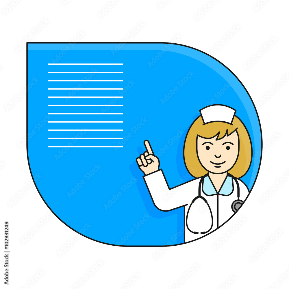 Nurse pointing up with her index finger. Vector illustration with ...