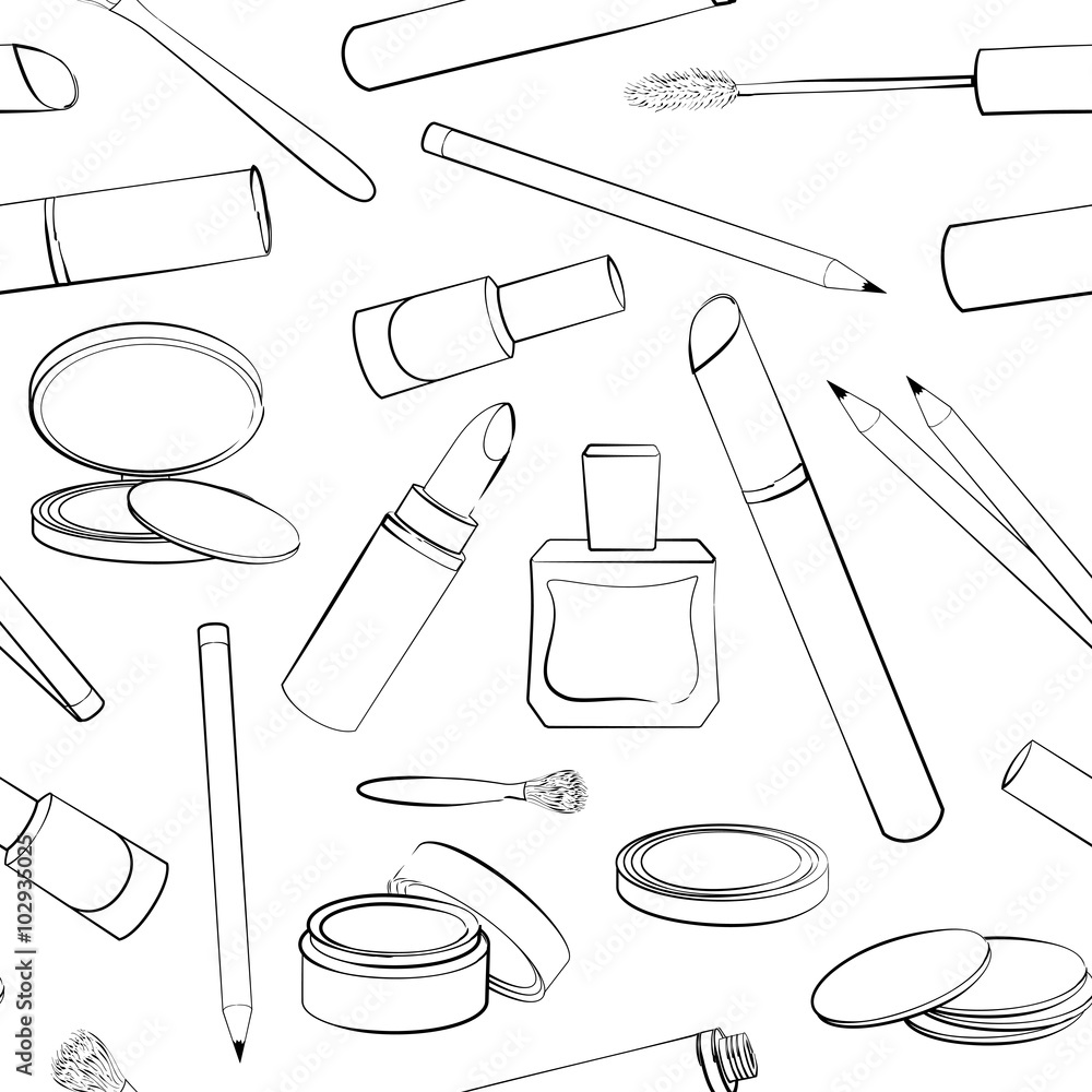 Seamless pattern with hand drawn cosmetics collection. Sketch of ...