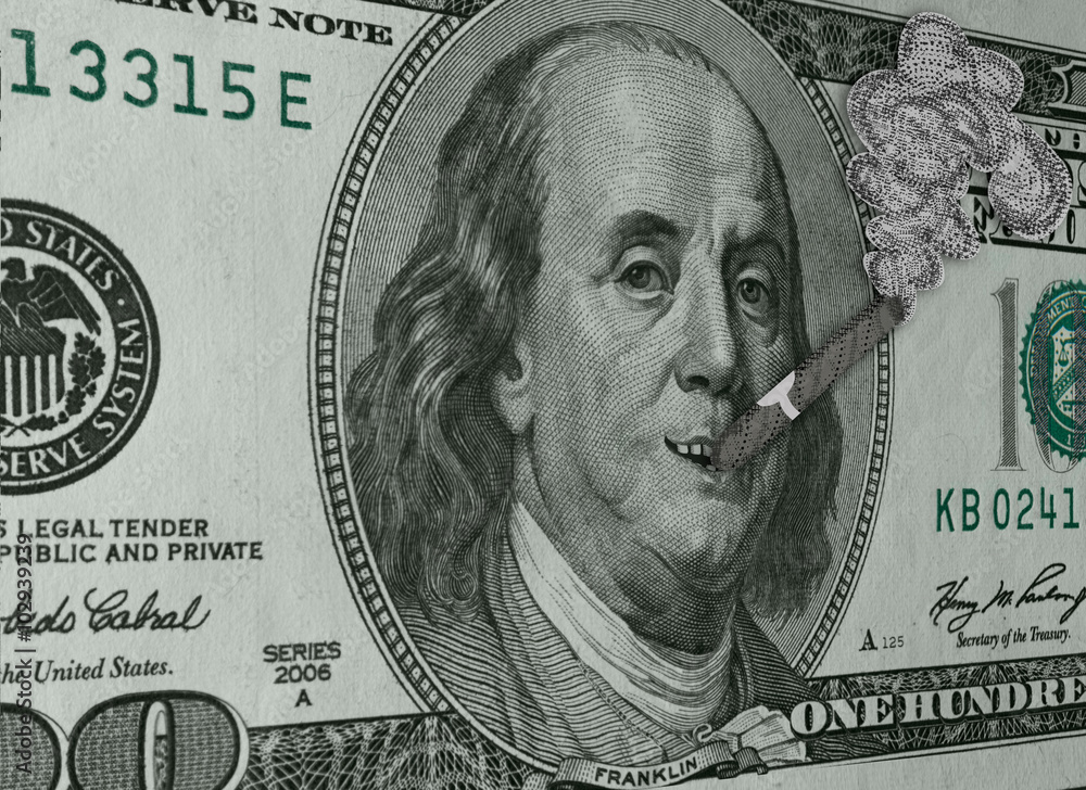 Ben Franklin Smoking Cigar And Smiling On Hundred Dollar Bill Stock