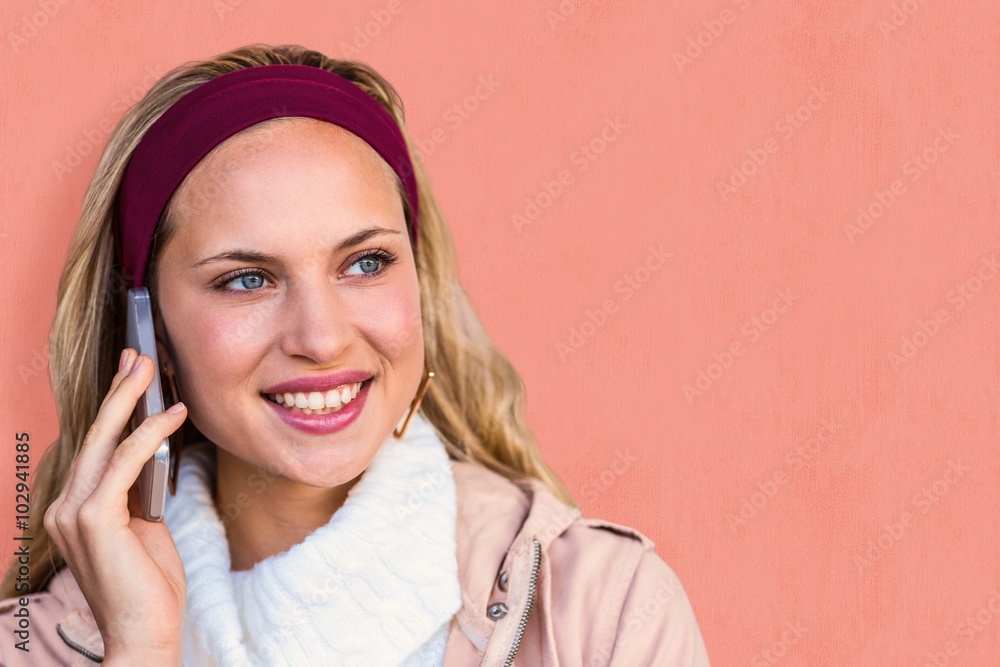 Composite image of smiling woman phoning with smartphone Stock-Foto ...