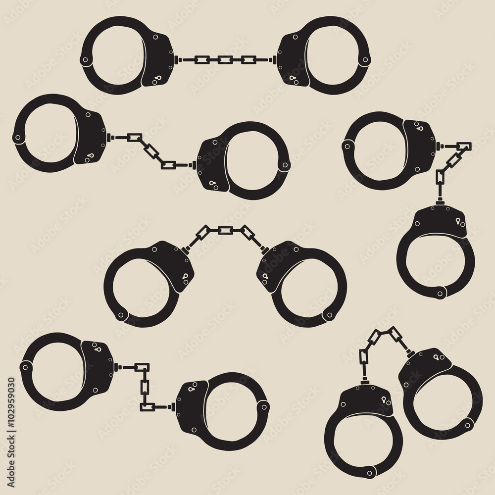 Black handcuffs silhouettes in different poses. Vector flat ...