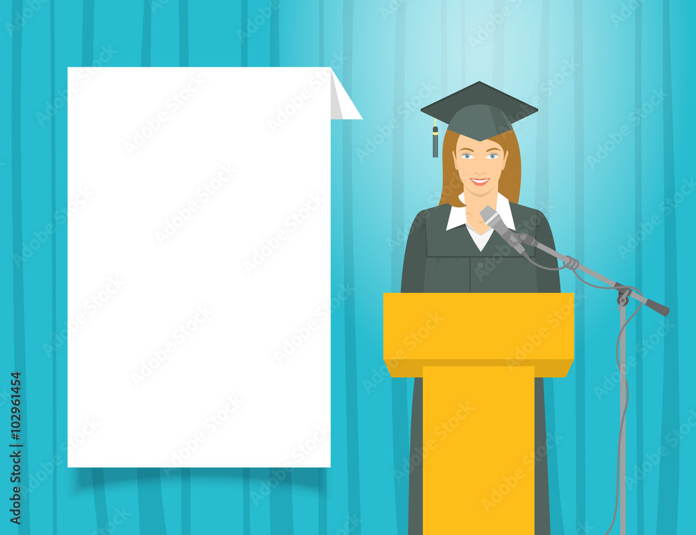 Graduation ceremony speech flat vector illustration. Young smiling girl ...