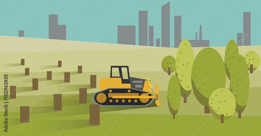 Deforestation with Yellow Bulldozer. Vector Illustration Stock Vector ...