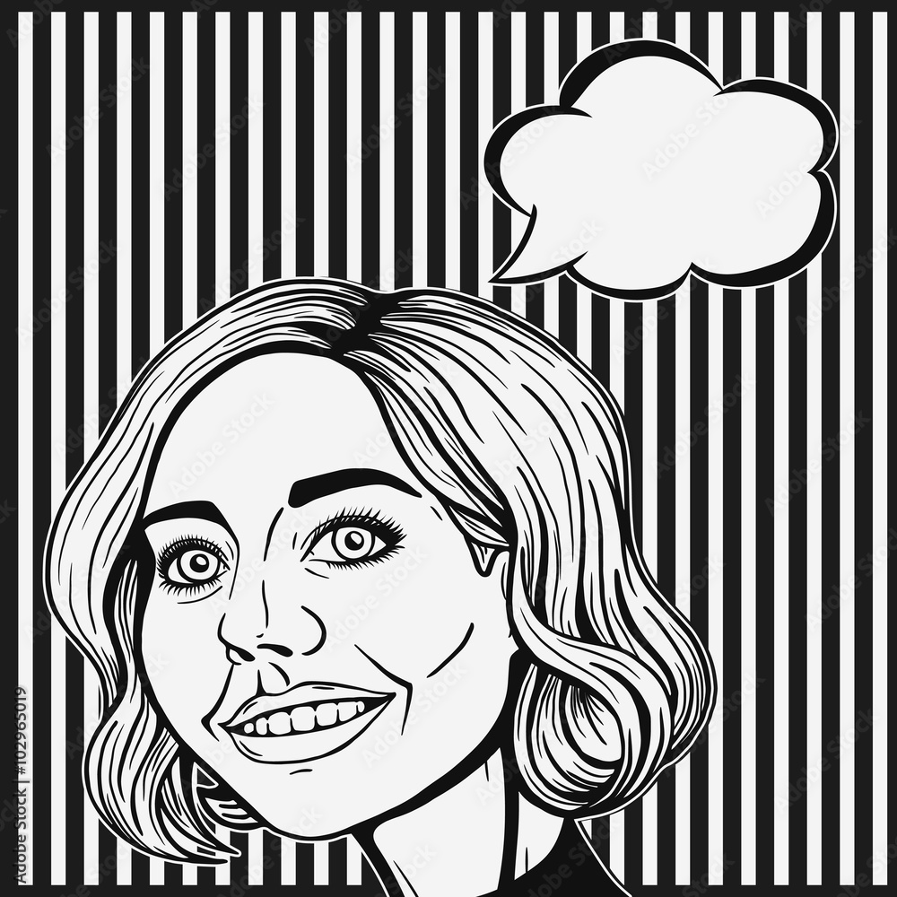 Vector pop art retro woman smiling face with thinking cloud for text ...