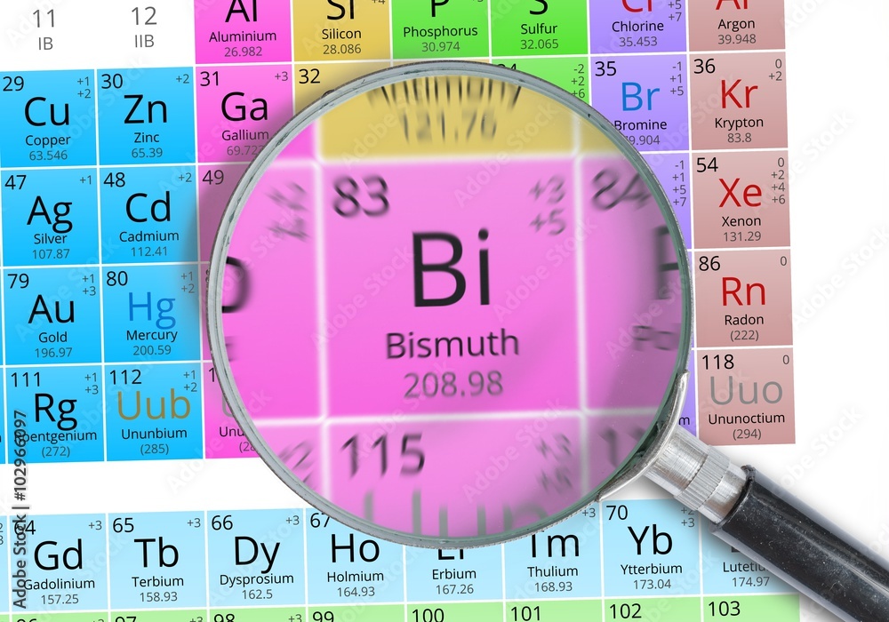 Bismuth - Element of Mendeleev Periodic table magnified with magnifying ...