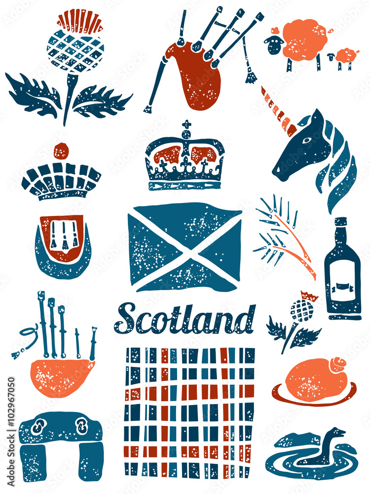 Symbols of Scotland set in lino style vector de Stock | Adobe Stock