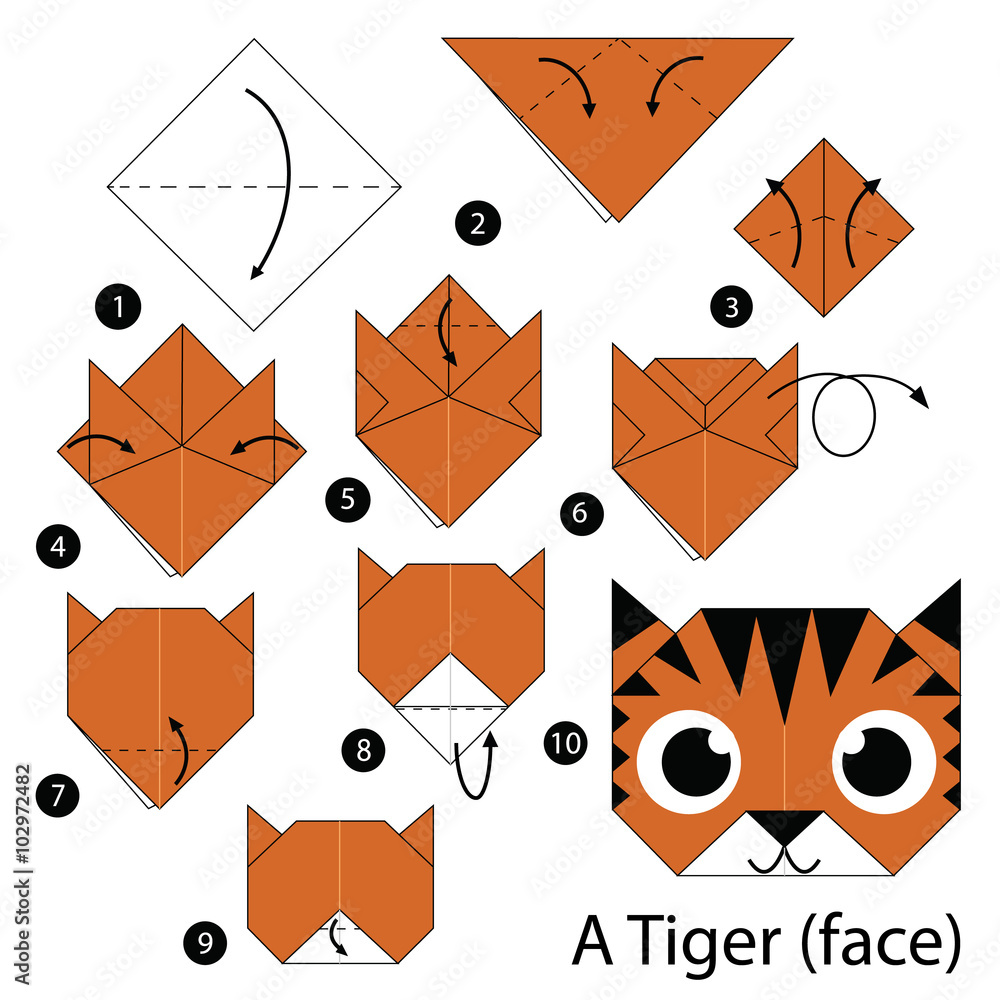 step by step instructions how to make origami A Tiger (face). Stock ...