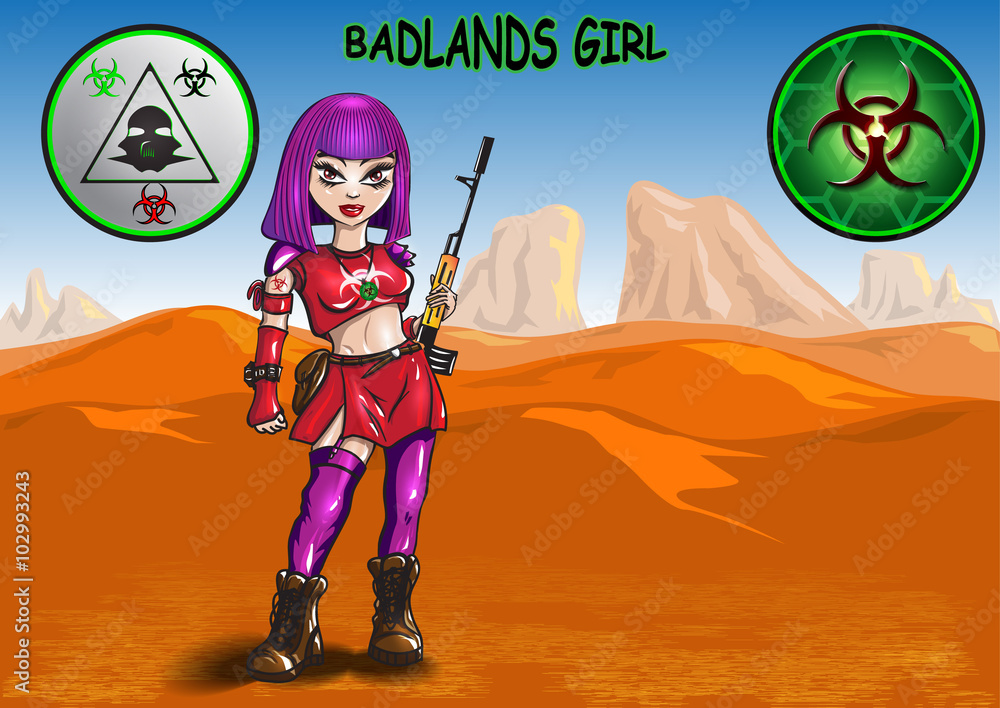Cartoon girl with rifle in stocking in cartoon badlands with biohazard ...