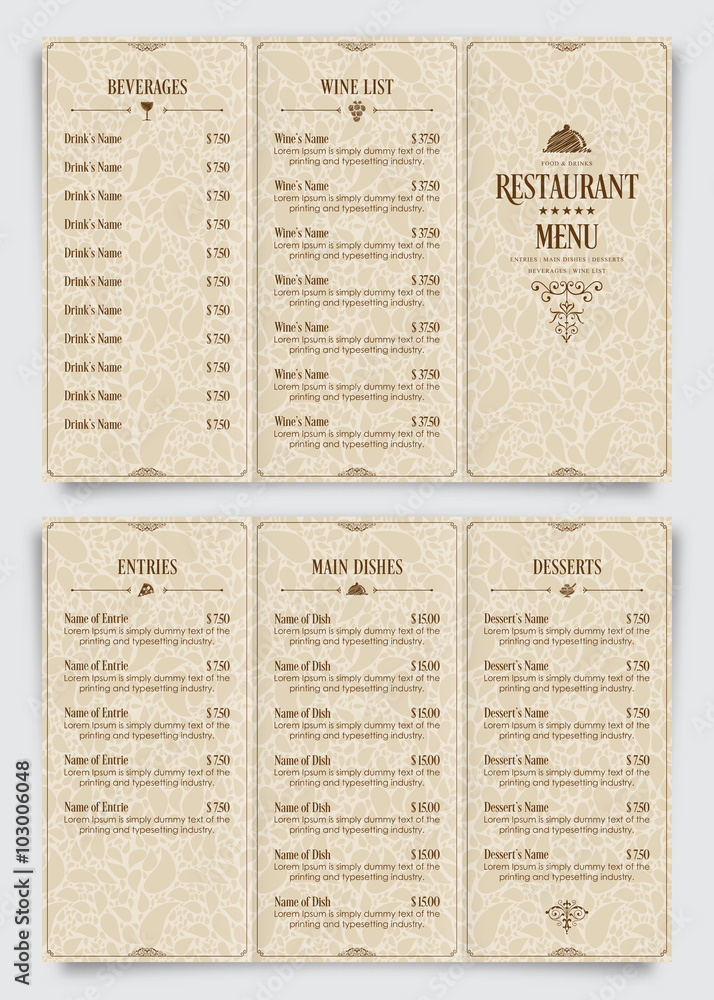 Vector brochure design template. Restaurant food and drink menu tri ...
