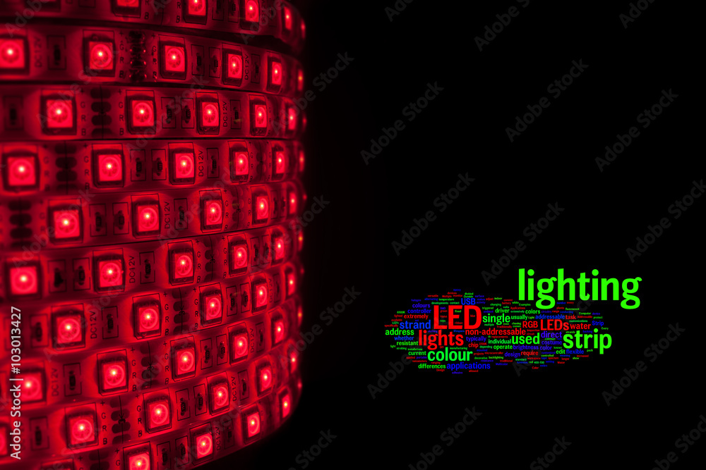 Red glowing RGB LED strip. Concept image for design opportunities given ...