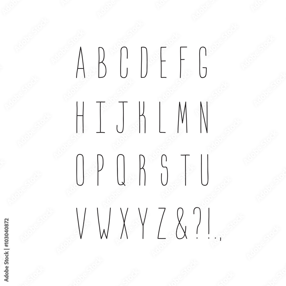 Thin handwritten alphabet and punctuation marks lettering. Hipster and ...