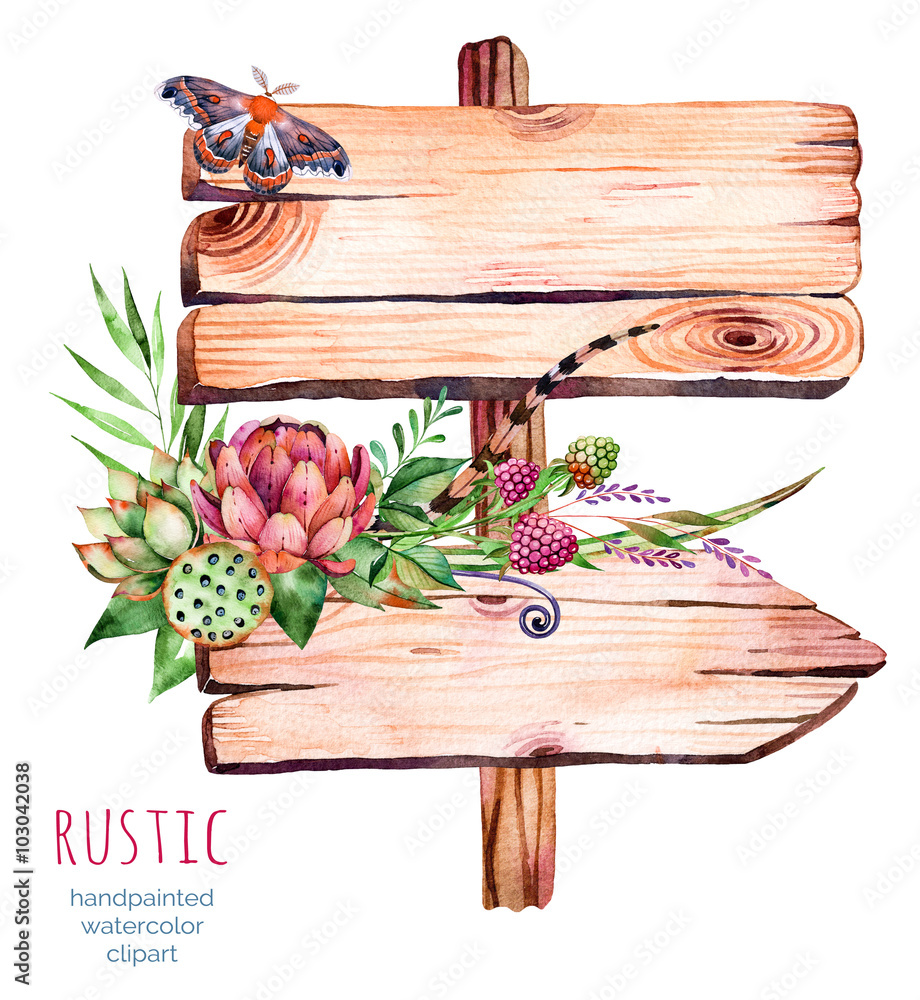 Watercolor wooden pointer.decorated with flowers,succulent plant ...
