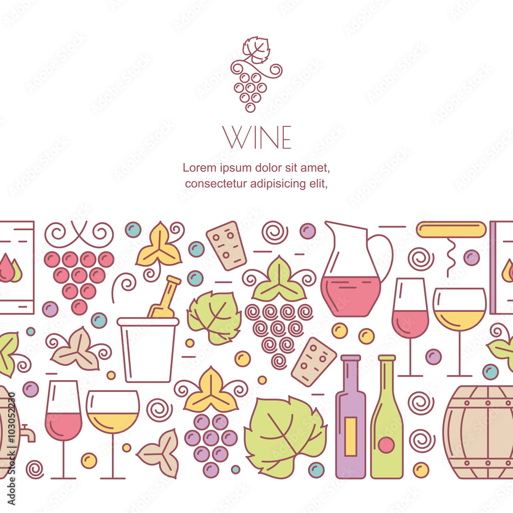 Vector horizontal seamless background with wine bottles, glass, grape ...