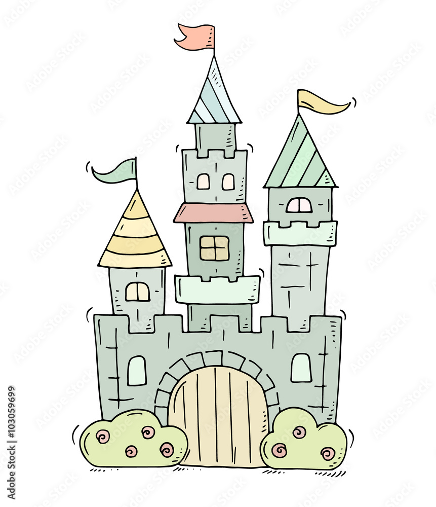 Cute cartoon castle for prince and princess with towers and flags ...