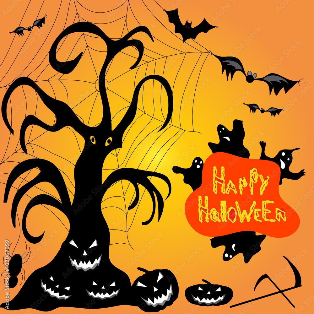Halloween ghost pumpkin bats cobwebs vector illustration Stock Vector ...