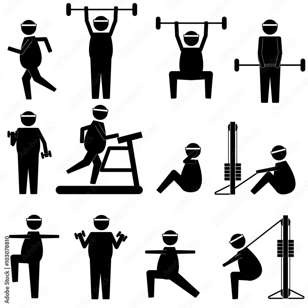 fat man doing various exercise and loosing weight icon symbol pictogram ...