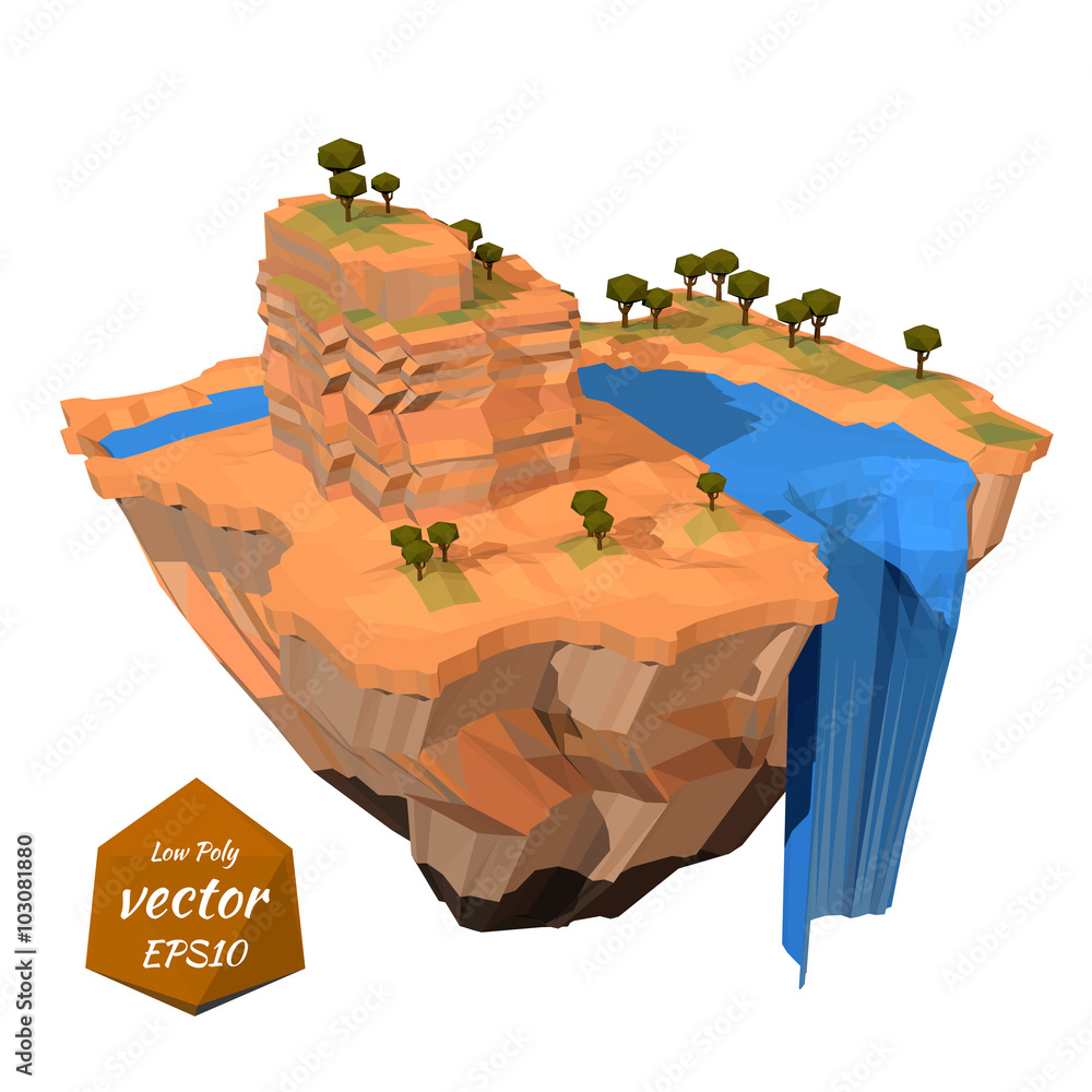 Floating island with a rock waterfall. Lowpoly style. Vector ill Stock ...