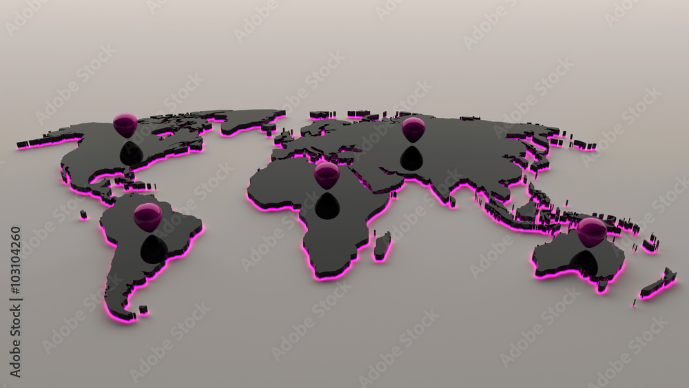 3d Black World map and purple light with colored pins Stock ...