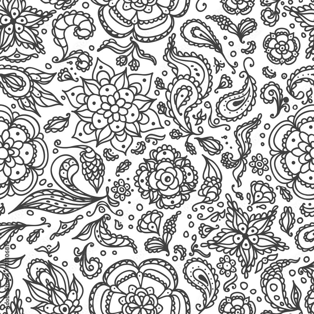 Seamless abstract floral pattern with flowers, petals, leaves, seeds ...