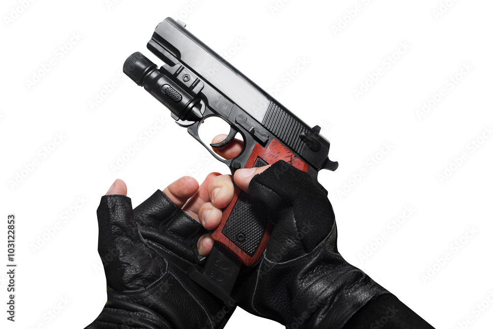 Hands in leather gloves reloading a gun clip first person view isolated ...