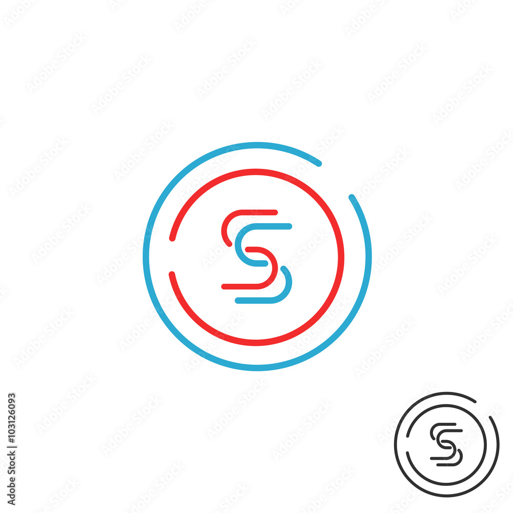 Two letter S logo mockup monogram, blue and red circle frame, line ...