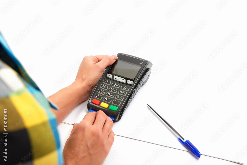 Woman Using Payment Terminal in a white background, Paying With Credit ...