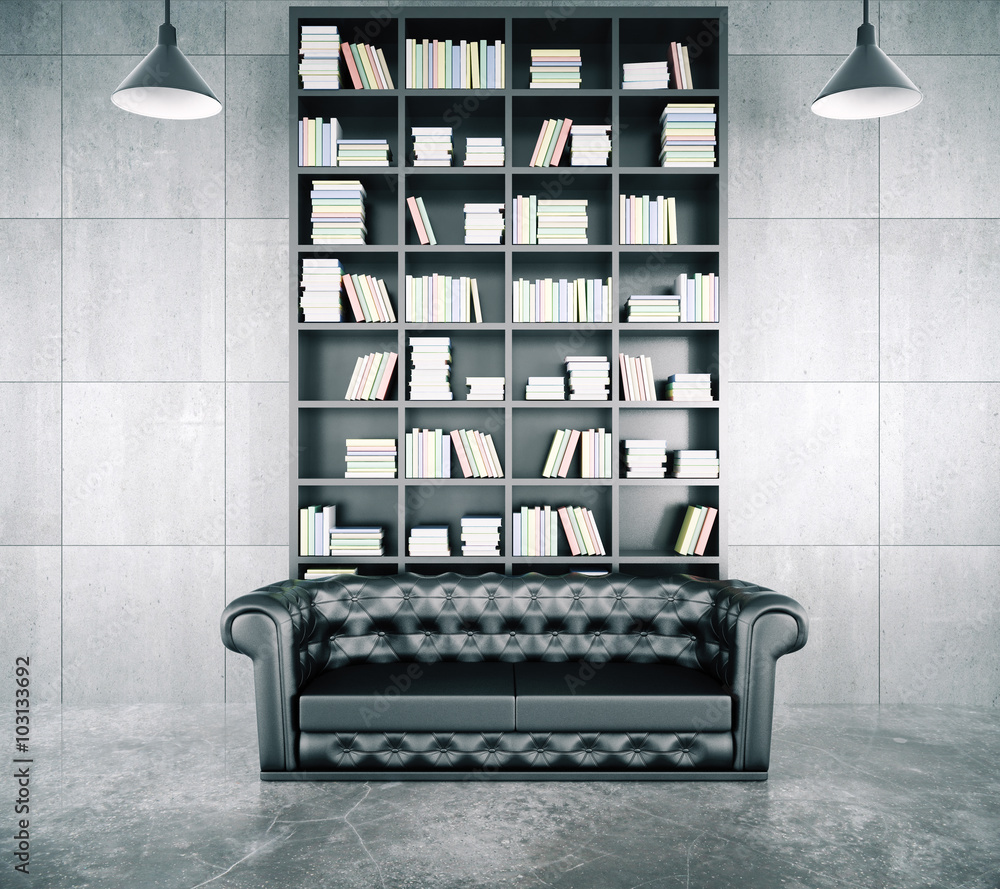 Loft interior with a library, a beautiful leather sofa and a con Stock ...