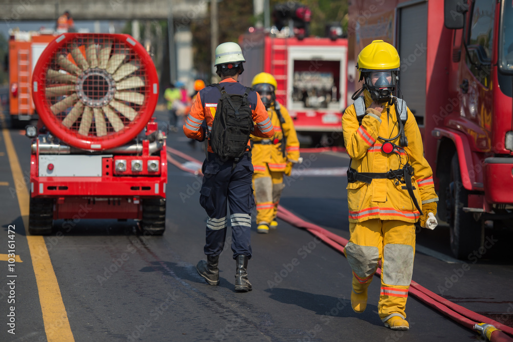firefighter training with oxygen mask suit walk beside the anti anti ...