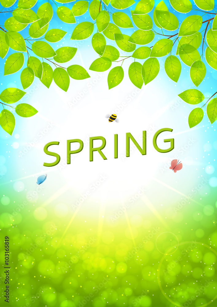 Vector design of the spring flyer with leaves and sun. Vector ...
