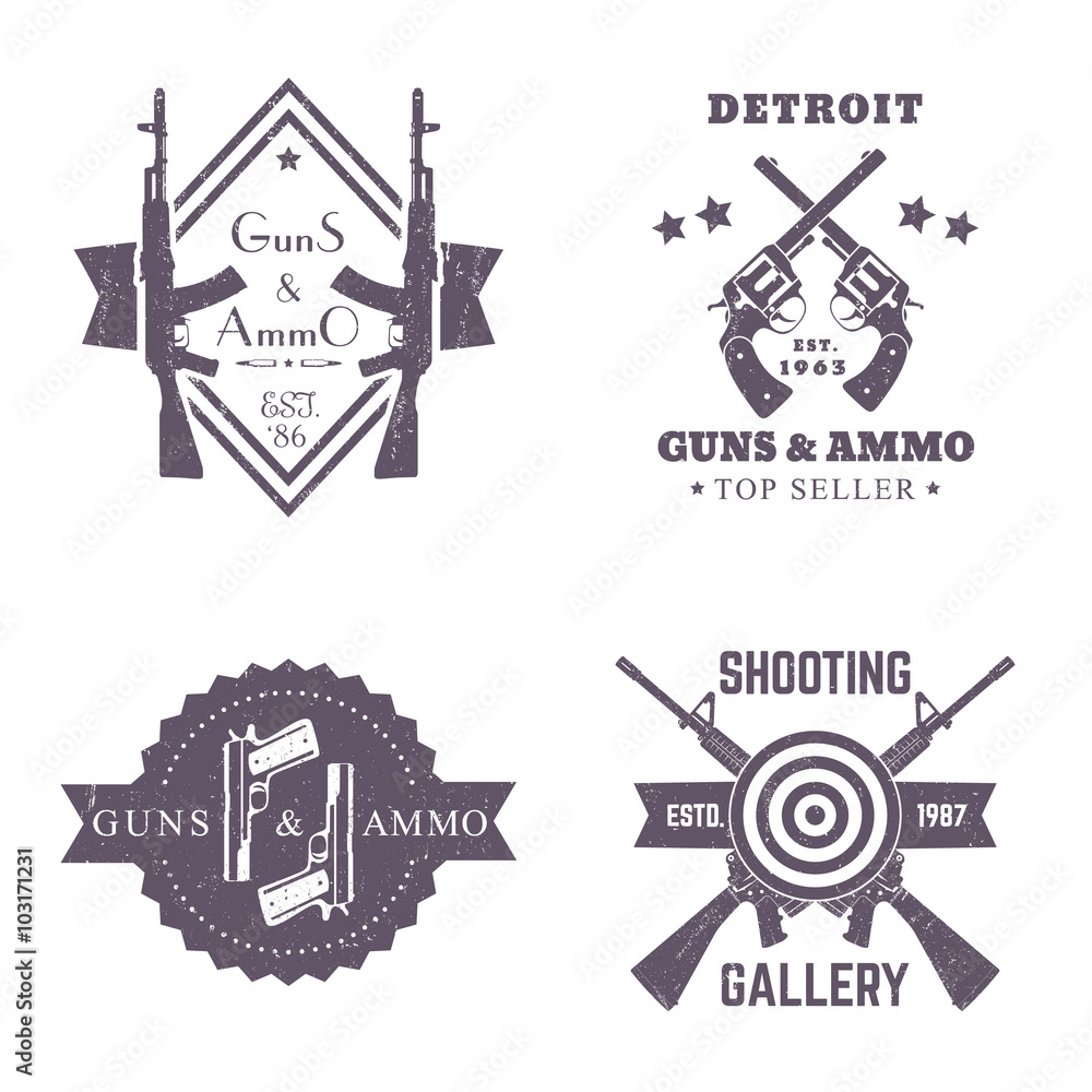 guns and ammo, vintage logos set, badges with automatic rifles, crossed ...
