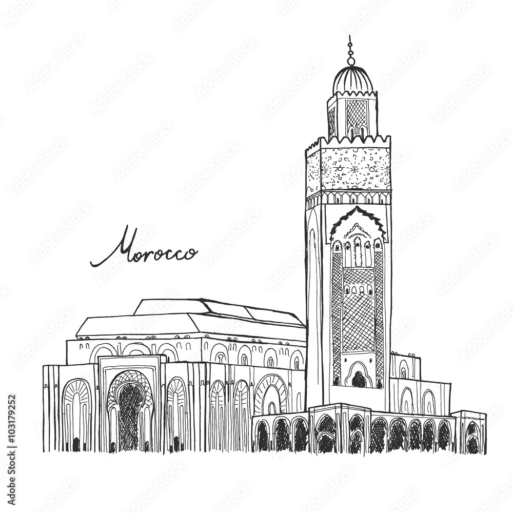 Poster Hand drawn sketch of Koutoubia mosque in Morocco Marrakech with ...