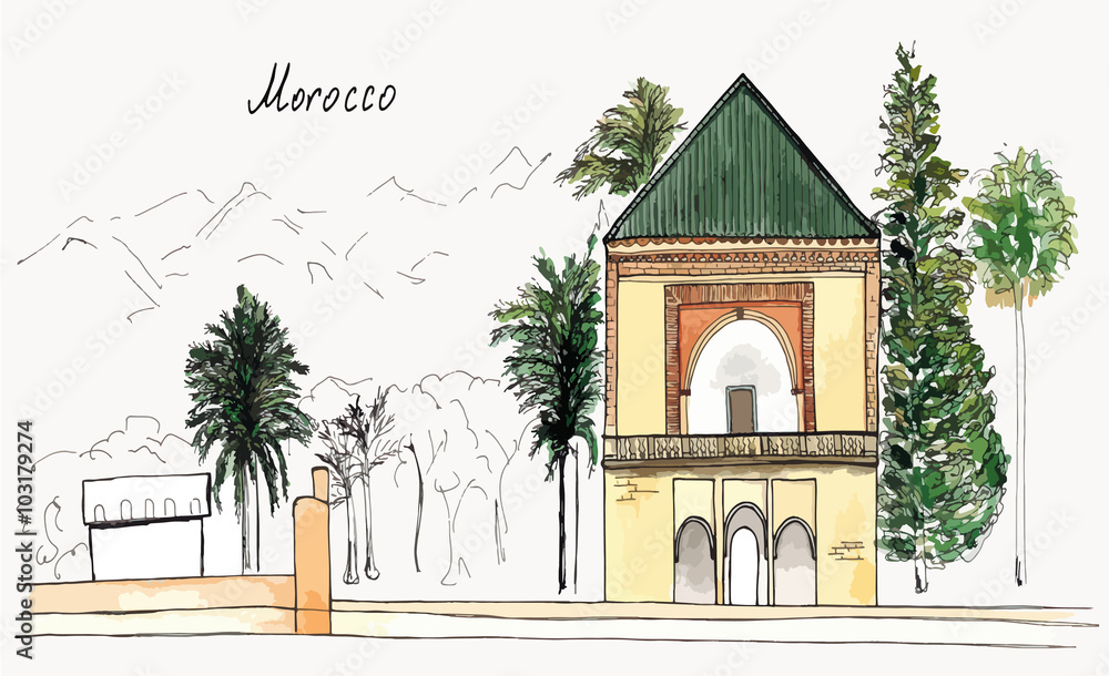 Hand drawn sketch of Morocco, Marrakech, Menara Gardens with lettering ...