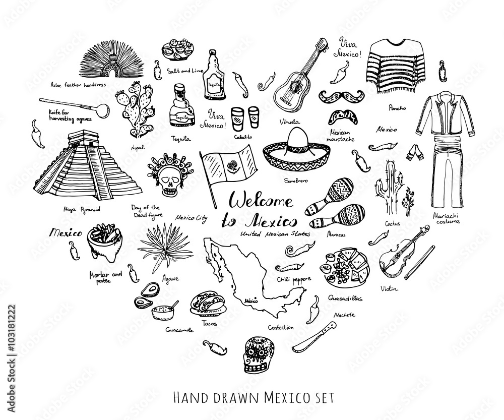 Hand drawn doodle Mexico set Vector illustration Sketchy mexican food ...
