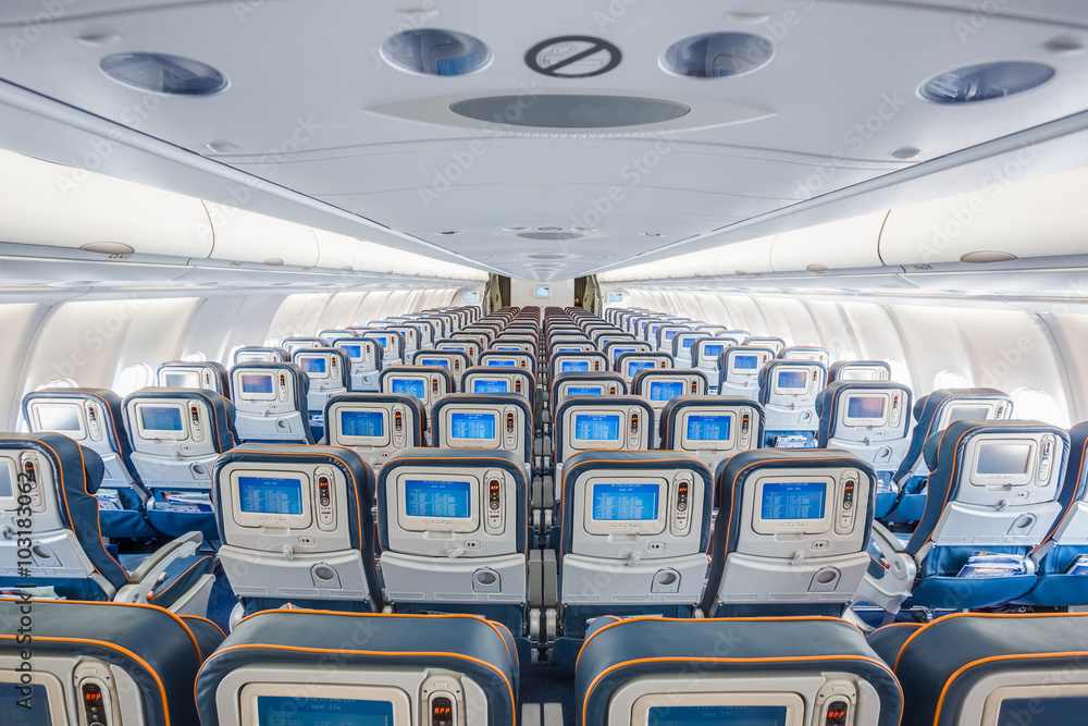 center back view of airplane interior Stock Photo | Adobe Stock