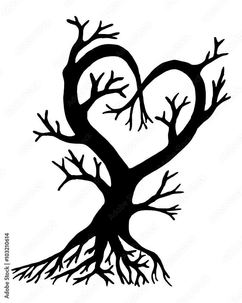 Silhouette of a tree in the shape of a heart. Isolated on white ...
