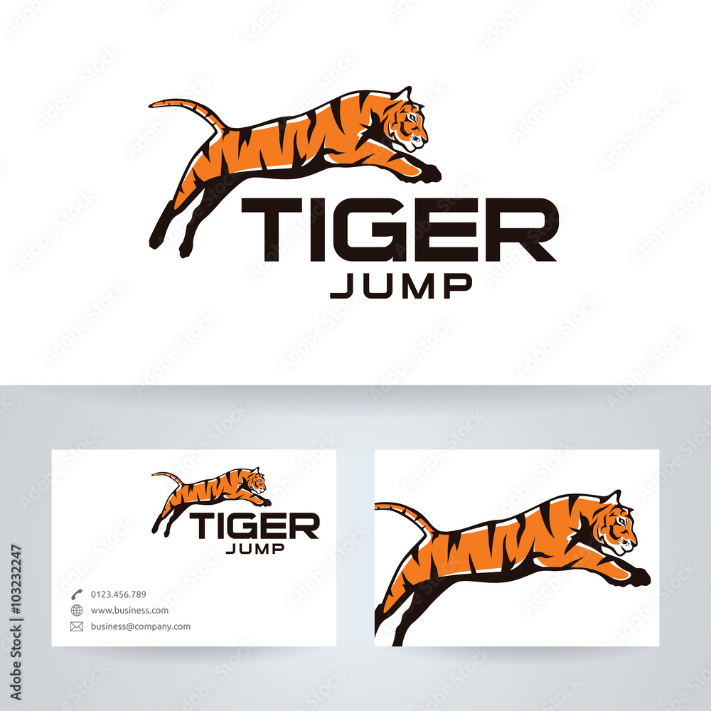 Tiger jump vector logo with business card template Stock Vector | Adobe ...