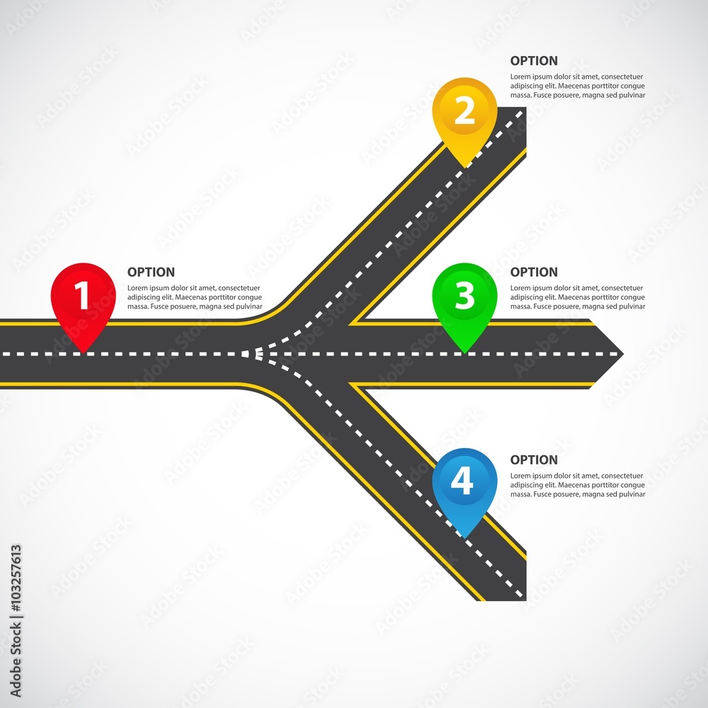 Diverging roads with arrows, bright map pointers and text fields ...