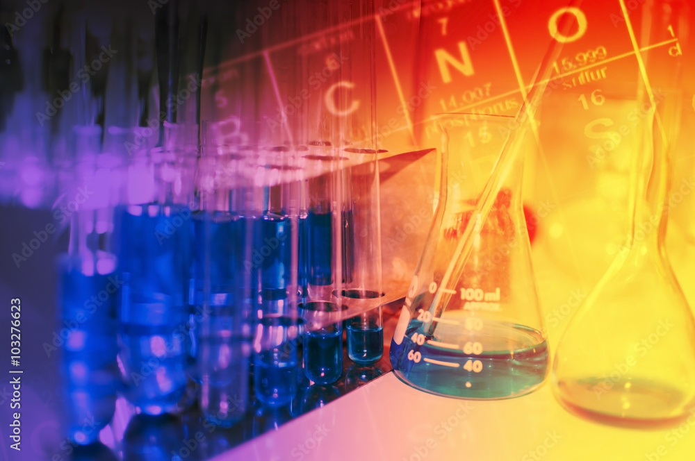 science laboratory test tubes with periodic table background Stock ...