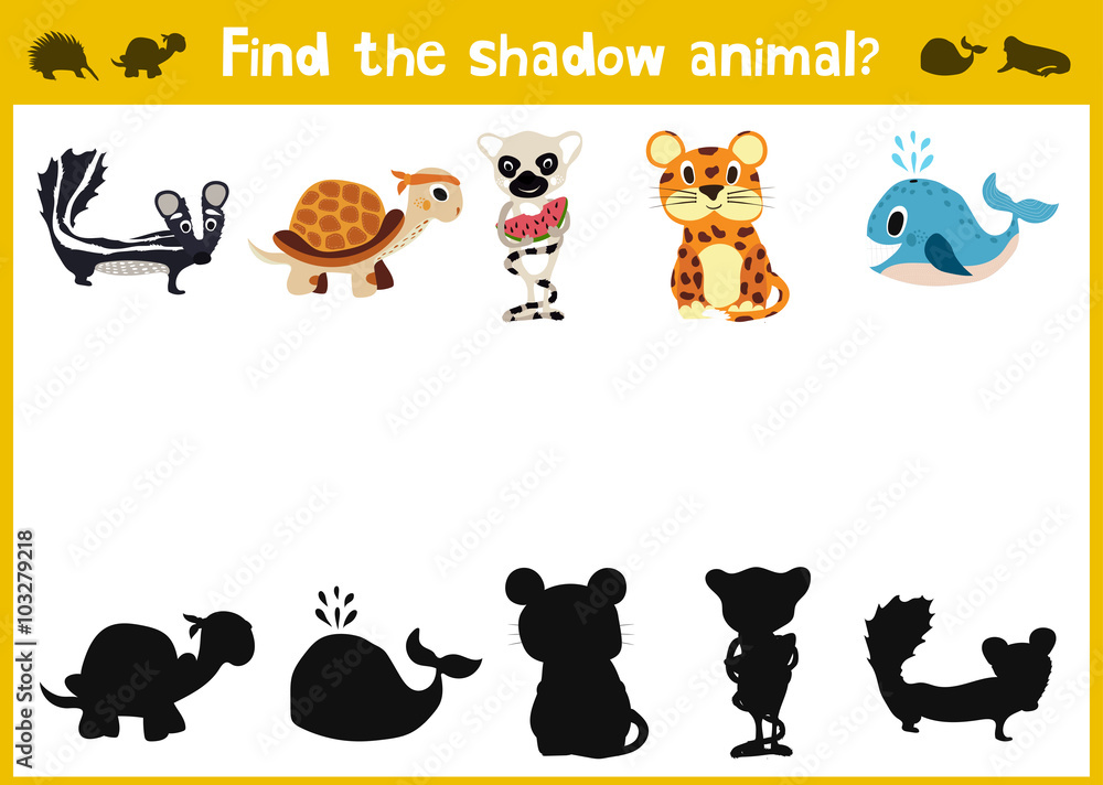 Mirror Image five different cute jungle animals Game Visual. Task find ...