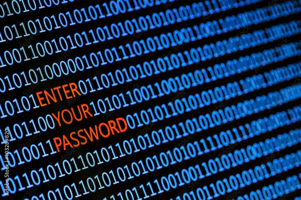 Internet safety background. Binary code on computer screen with visible ...