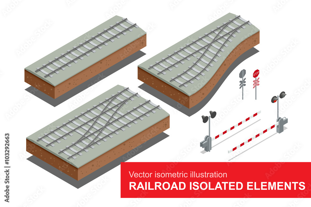 Railroad isolated elements for rail freight transportation. Vector flat ...