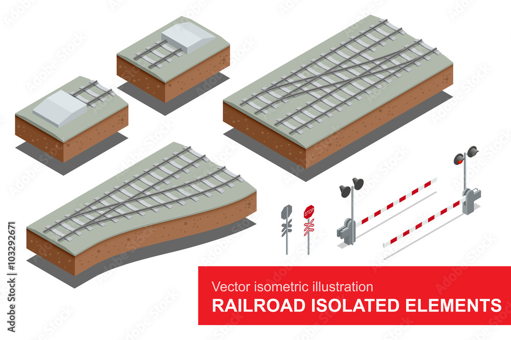 Railroad isolated elements for rail freight transportation. Vector flat ...