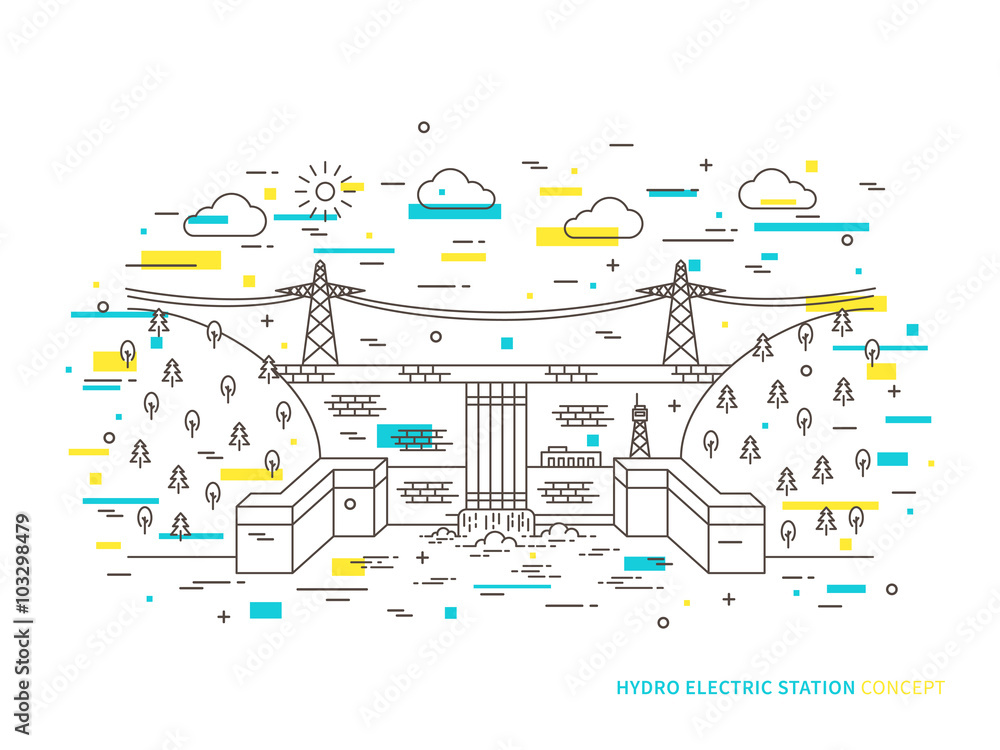 Linear hydro electric station (hydroelectric power plant) vector ...
