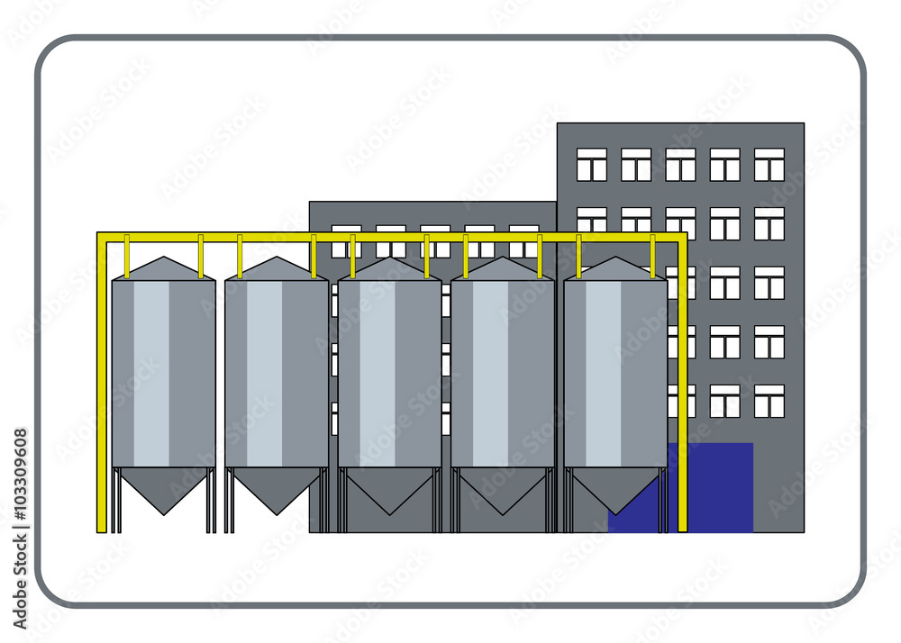 Grain processing plant icon in the frame. Gray building isolated on ...